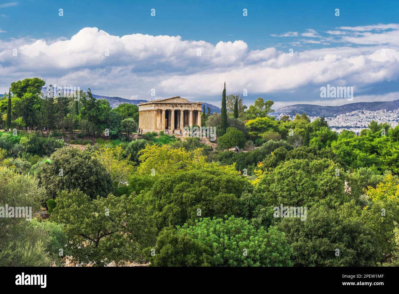 Athens Greece Temple Of Hephaestus day view surrounded by greenery on a ...