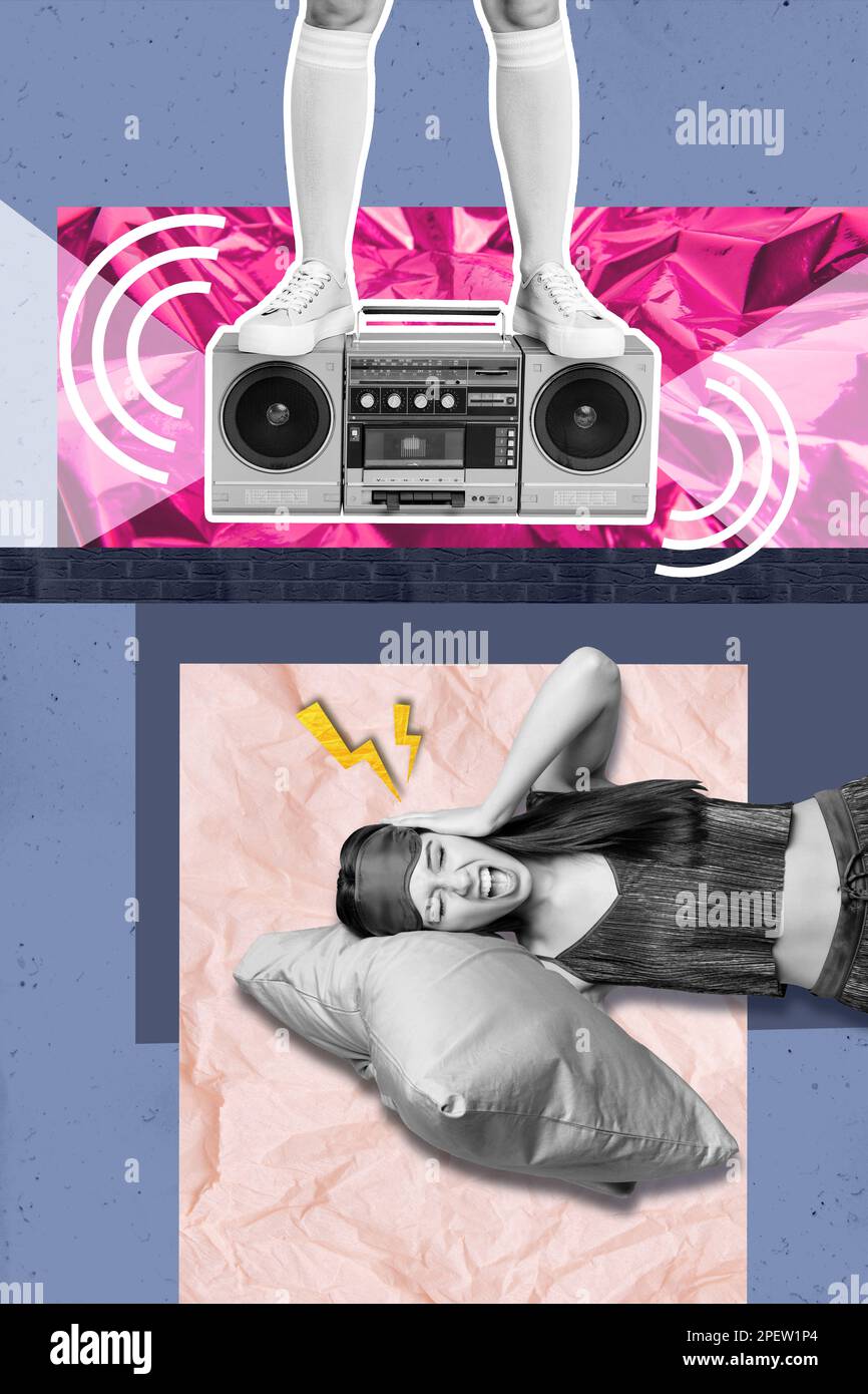 Vertical collage photo of young dissatisfied woman bedtime try to sleep ...