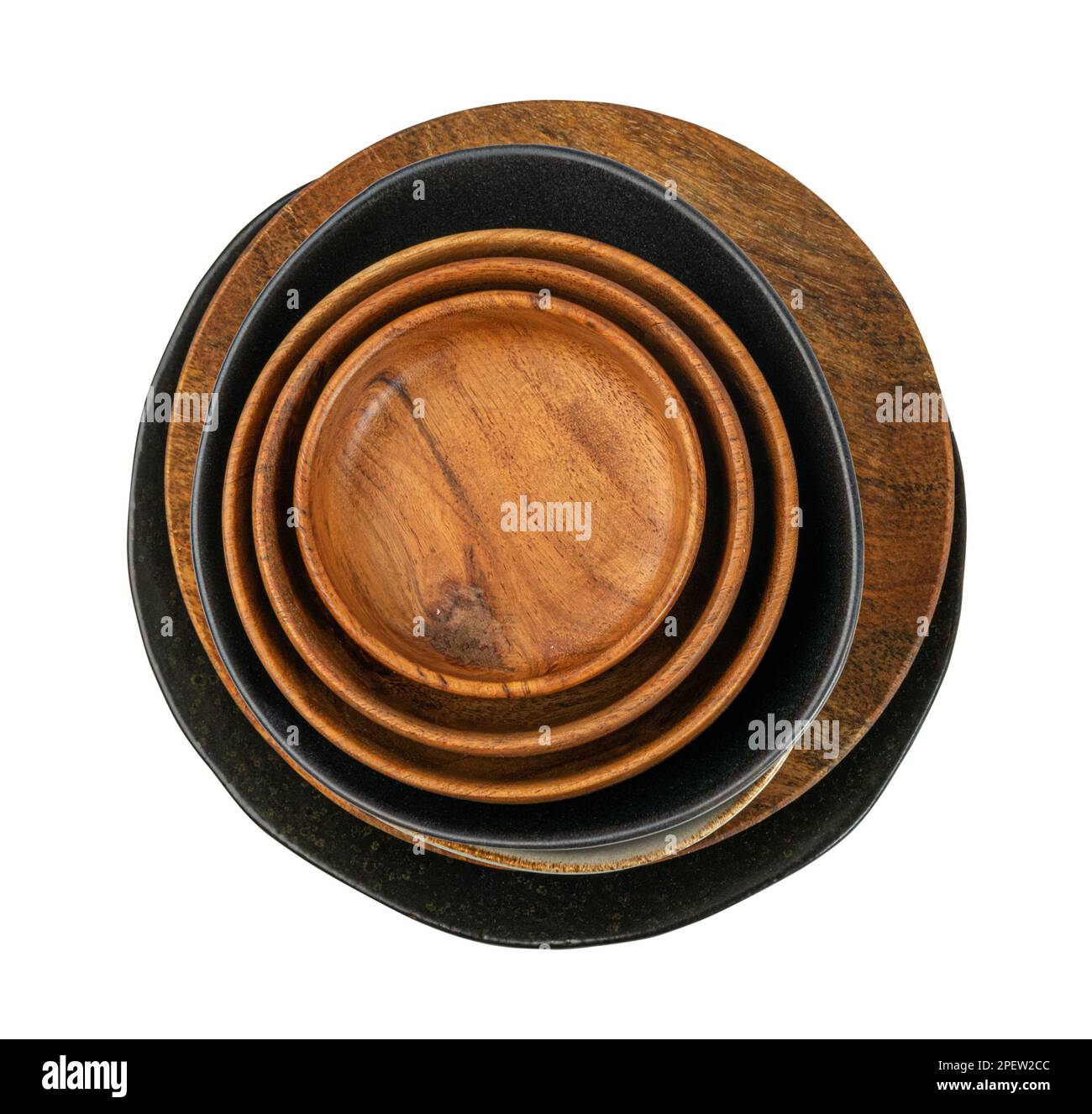 Empty Wood Bowls and Plates Isolated, Wooden Bowl, Black Plate Mockup ...