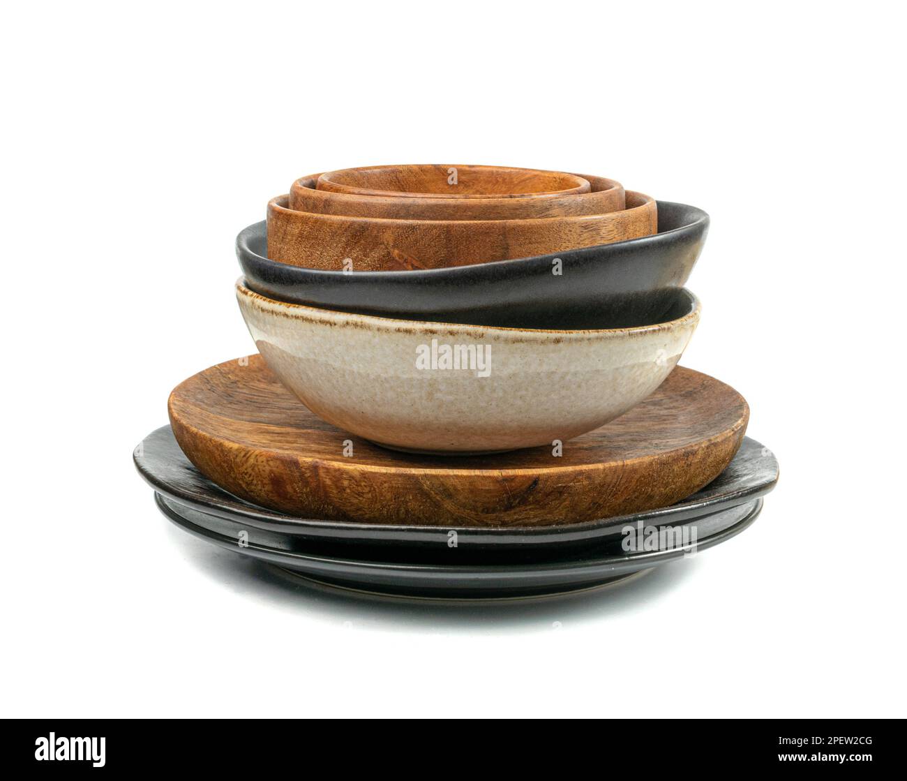 Empty Wood Bowls and Plates Isolated, Wooden Bowl, Black Plate Mockup ...