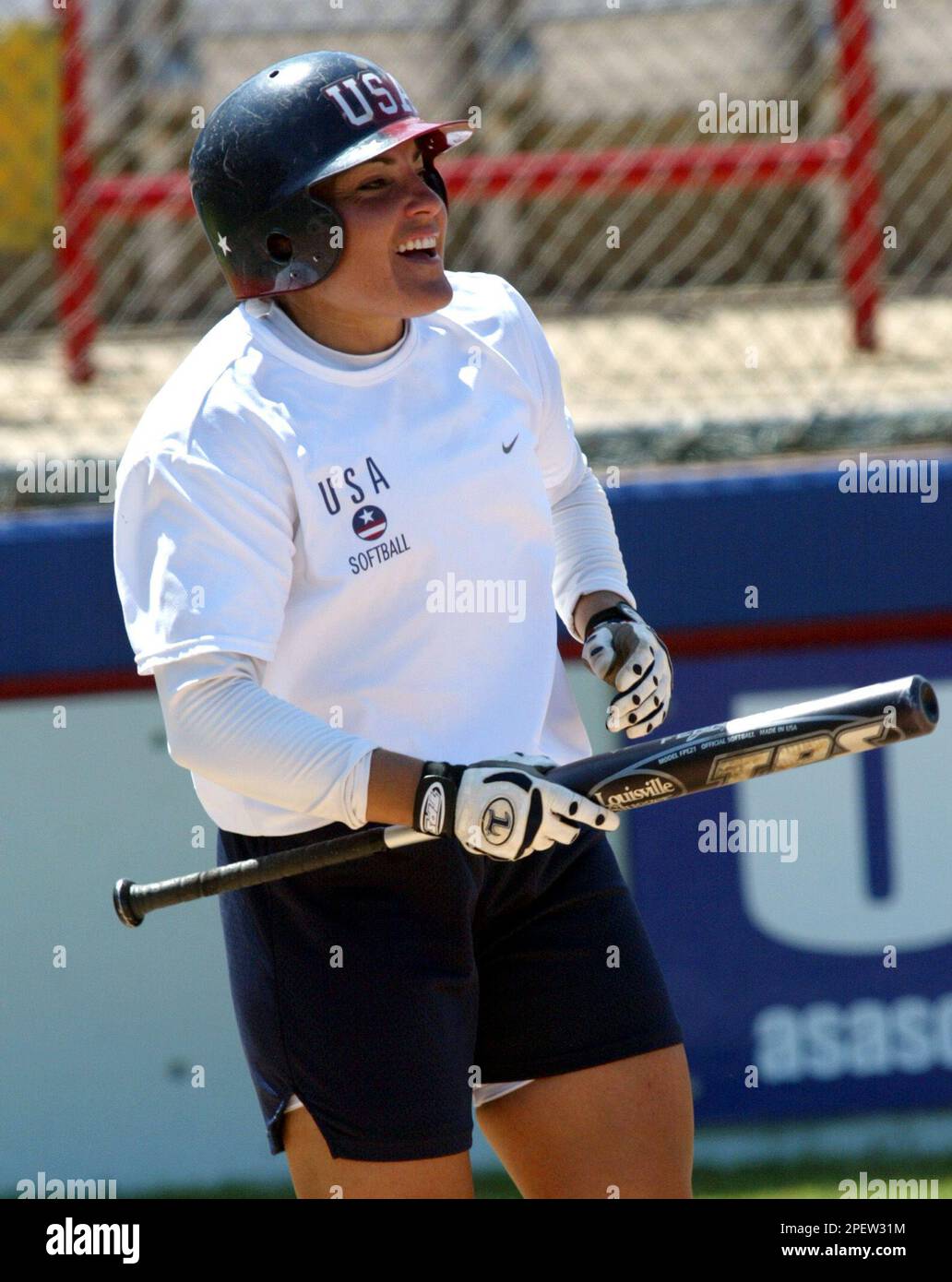 Lisa Fernandez, pitcher for the USA Olympic softball team, reacts to a ...