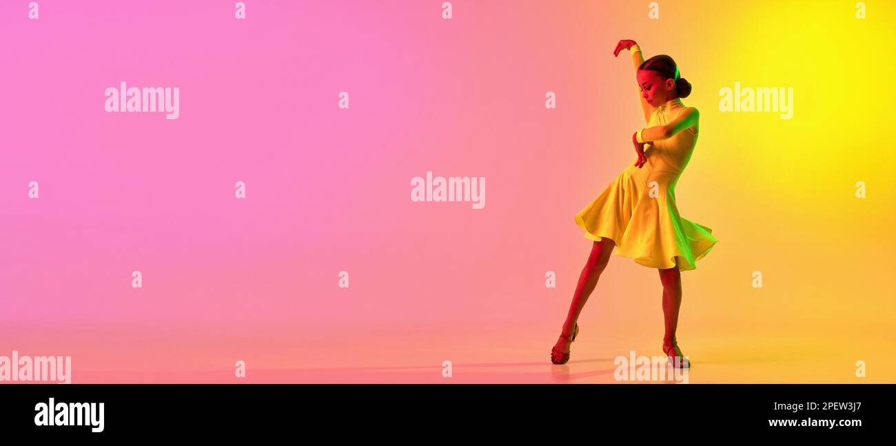 Elegant little girl in adorable stage outfit, dress dancing ballroom ...