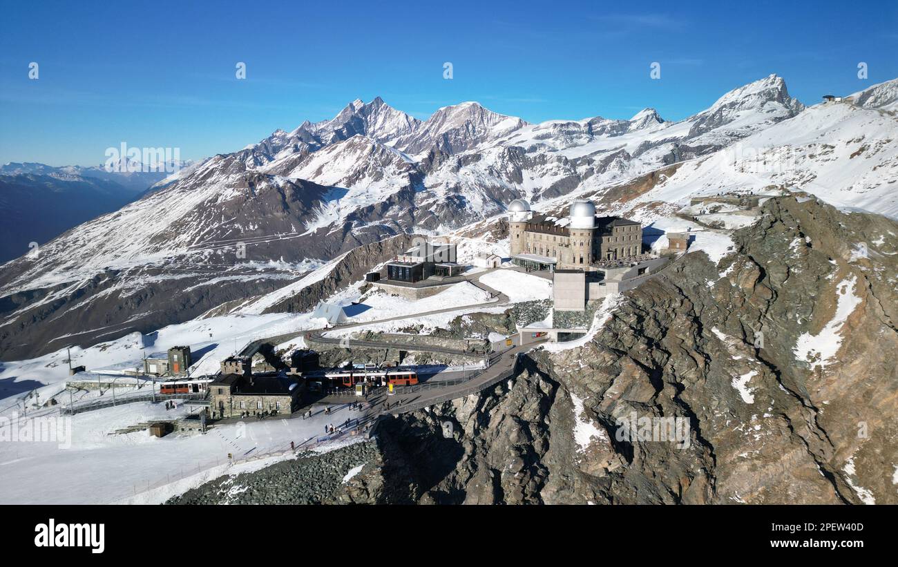 An aerial view of the Gornergrat Observation Platform in winter in ...