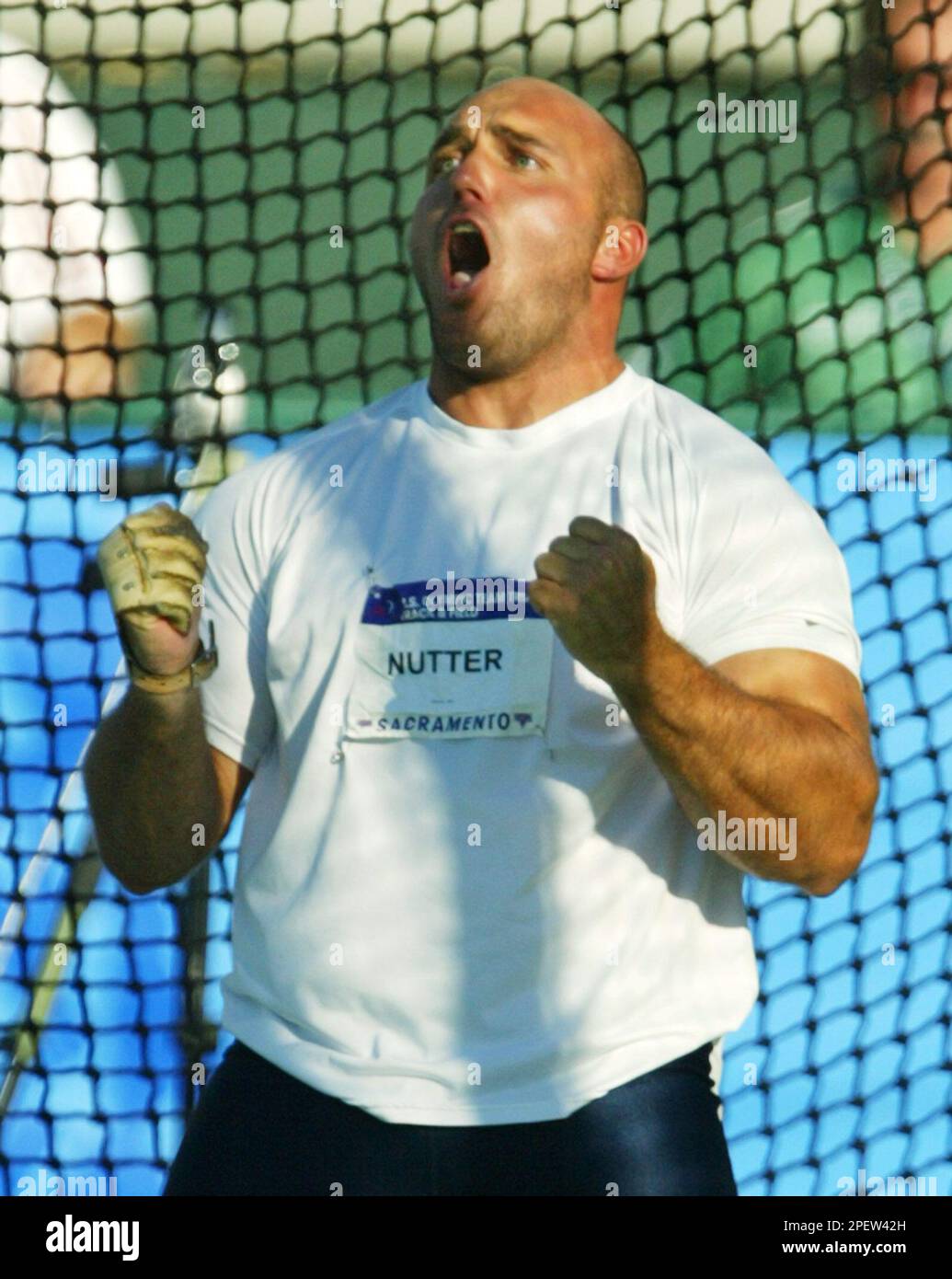 Travis Nutter reacts after his throw in the men's hammer throw finals ...