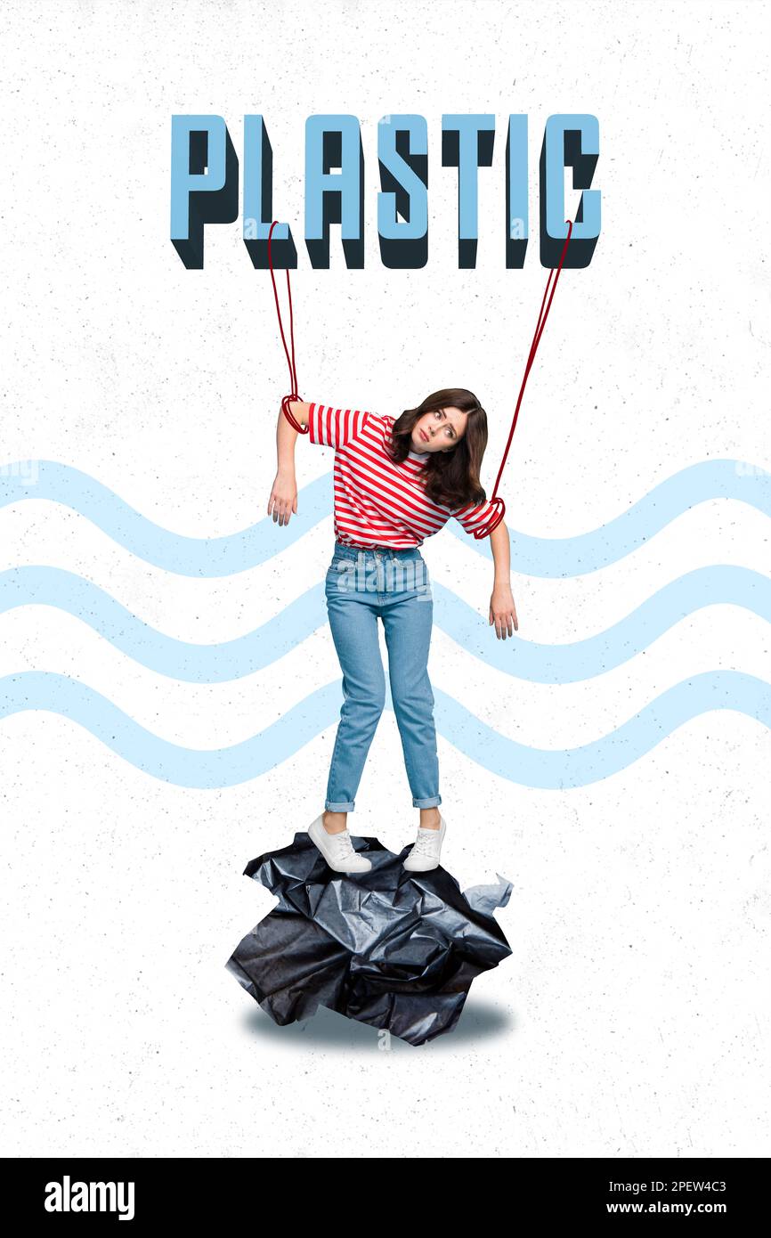 Designed photo collage of young unhappy girl hanging ropes doll ...