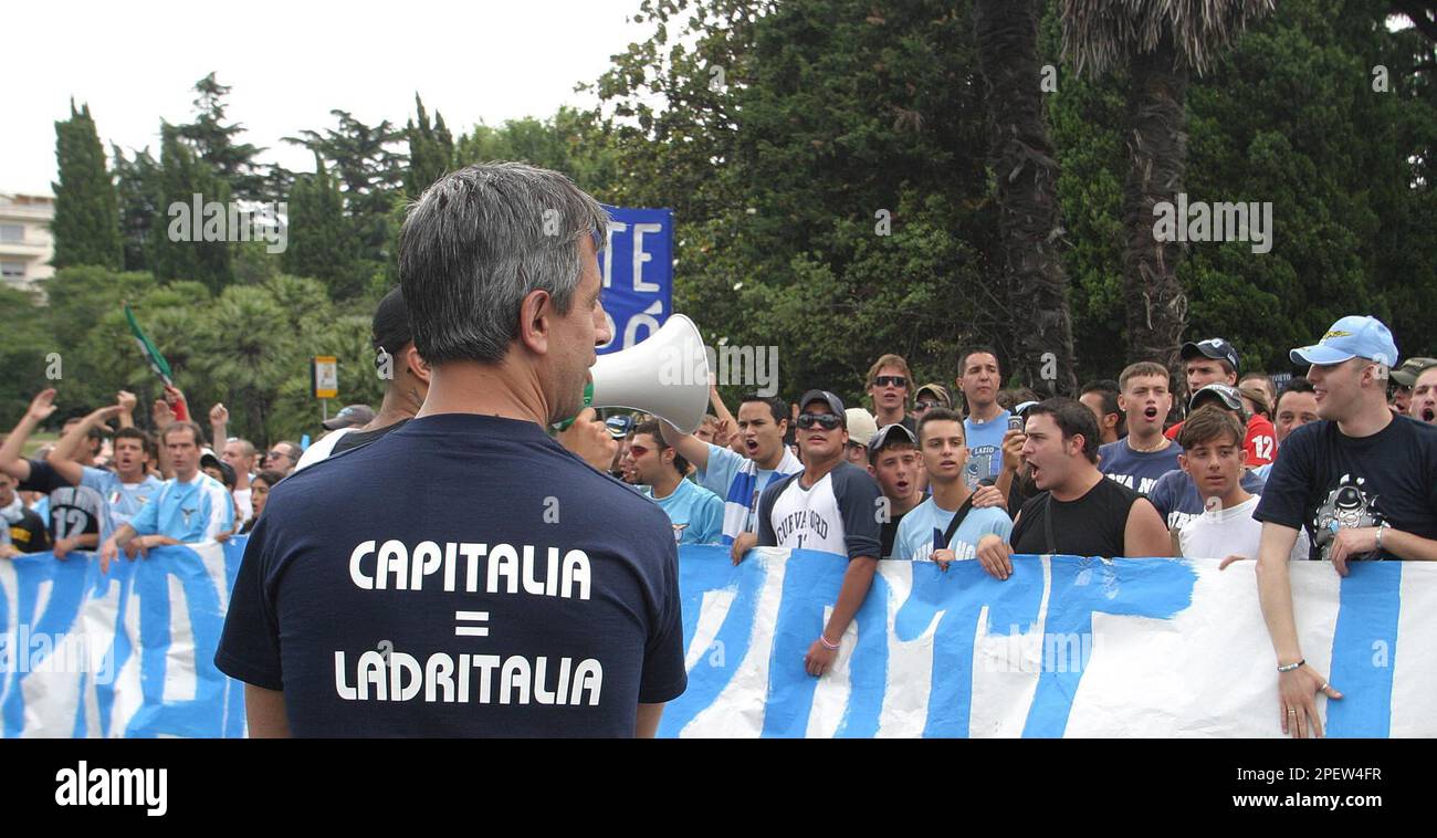 Lazio's supporters shout slogans during a protest in front of Capitalia ...