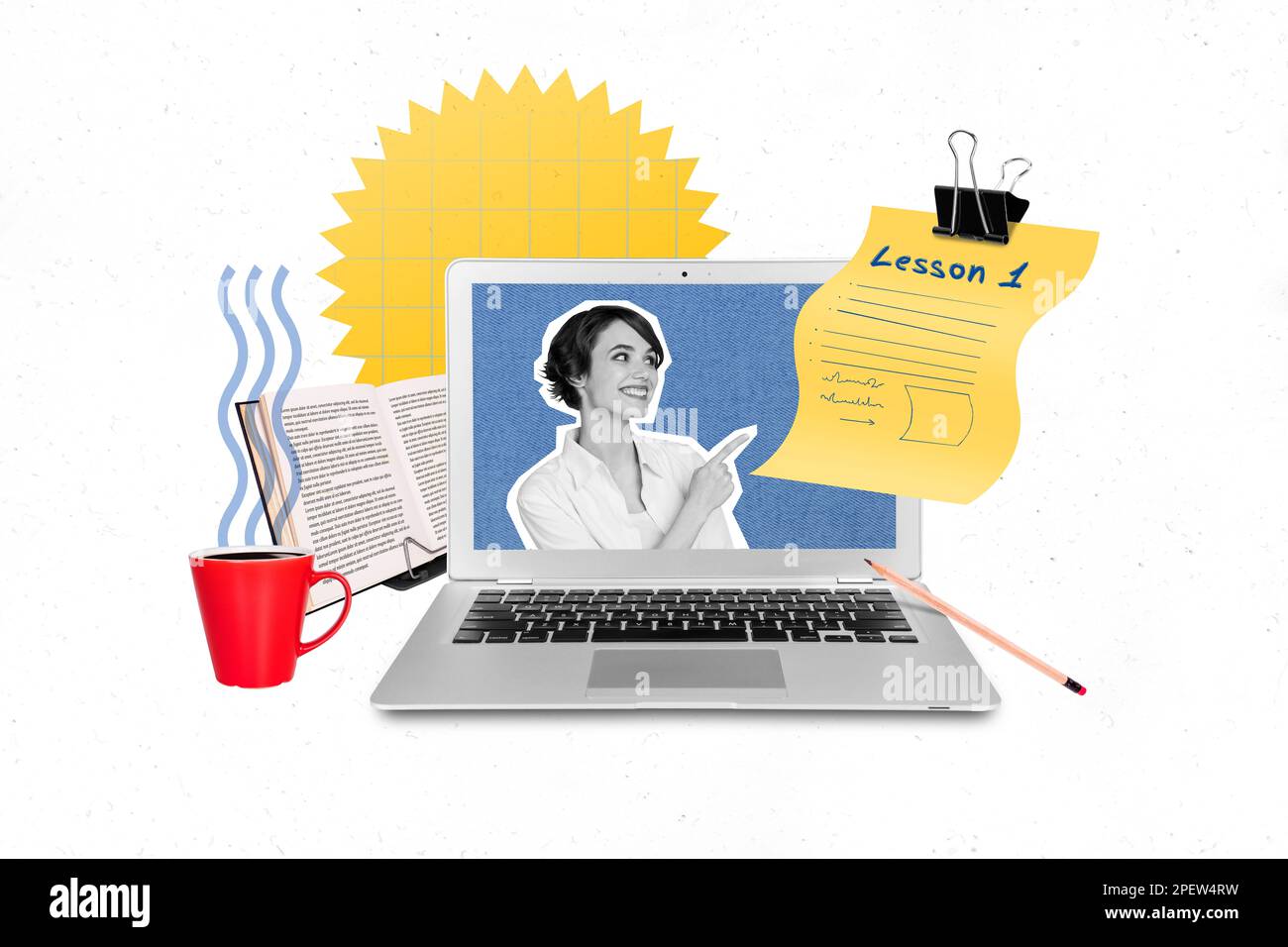 Collage photo of remote education courses point finger paper first ...