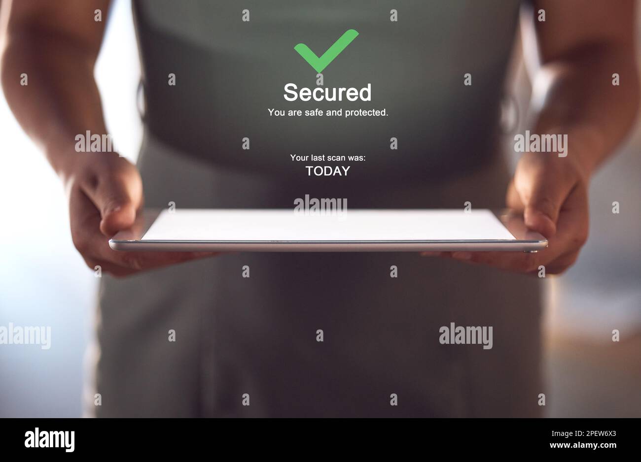 Hands, antivirus and tablet software update, man and screen mockup with ...