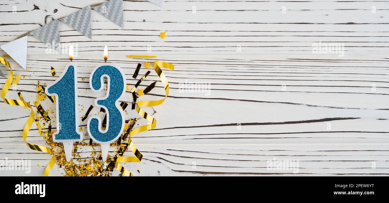 Number 13 Blue Celebration Candle On White Wooden Background Happy