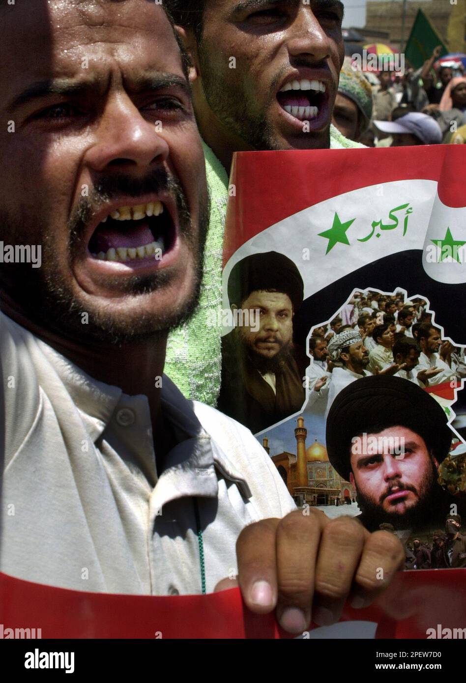 Iraqi men loyal to the Shiite cleric Muqtada al-Sadr demonstrate after ...