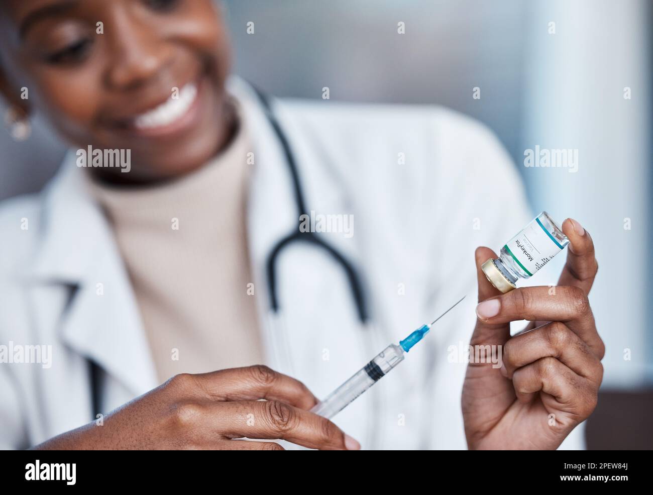 Monkeypox healthcare, vaccine needle and doctor nurse with medicine ...