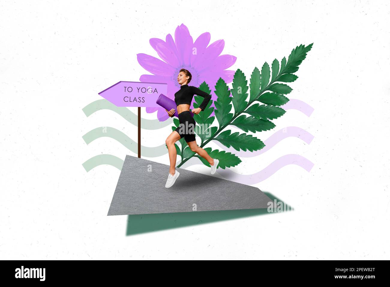 Collage artwork graphics picture of smiling charming lady running yoga ...