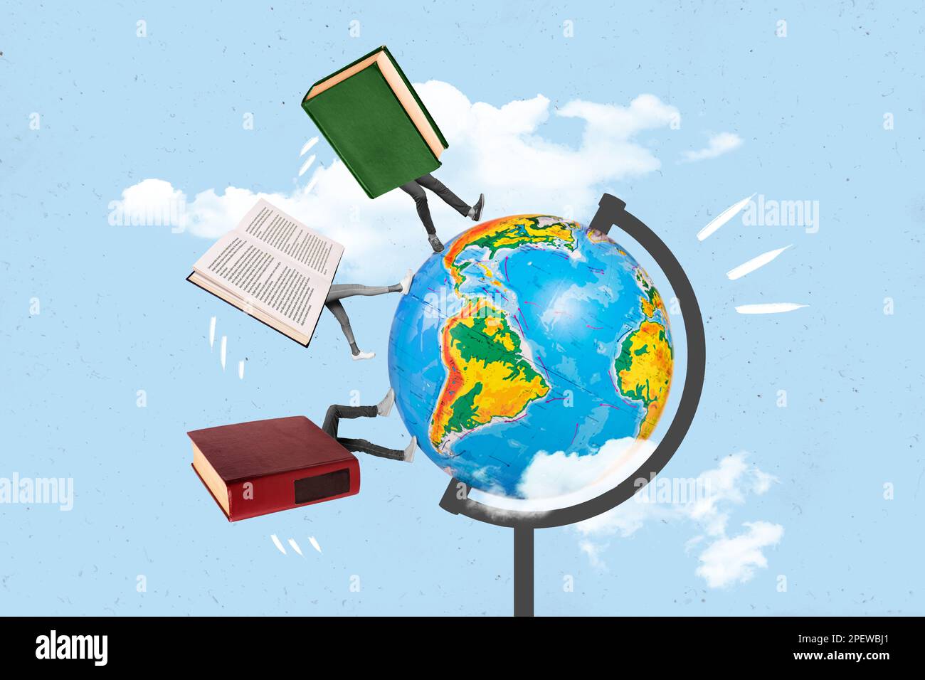 3d retro abstract creative artwork template collage of book walking ...