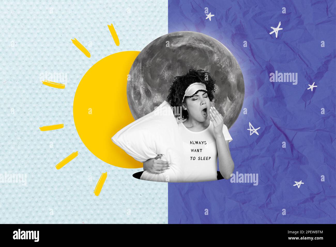 Photo collage artwork minimal picture of funny tired lady yawning ...