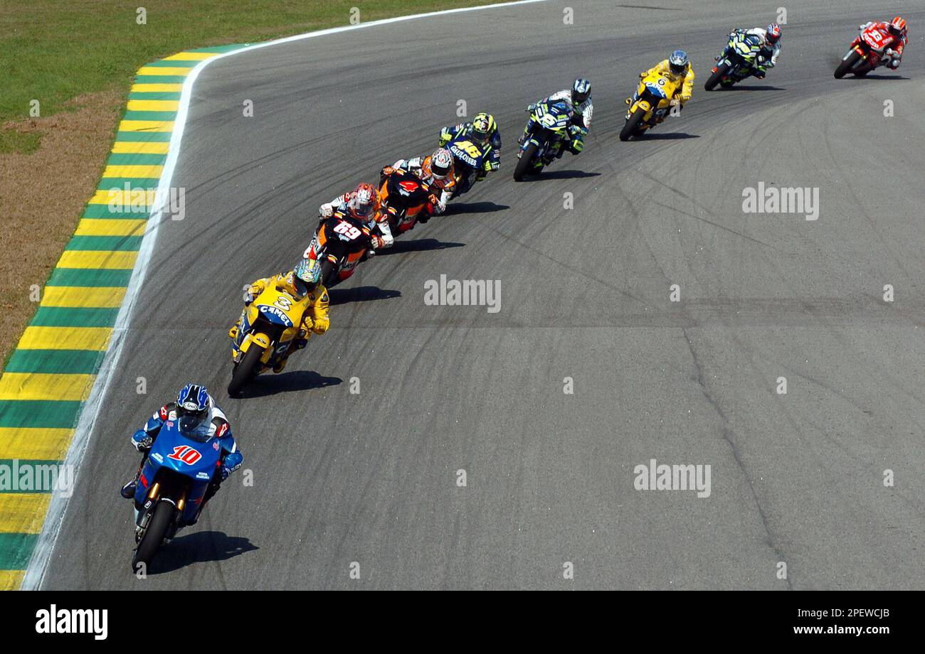 Moto GP riders race during the first lap of the 2004 Rio Motorcycle ...