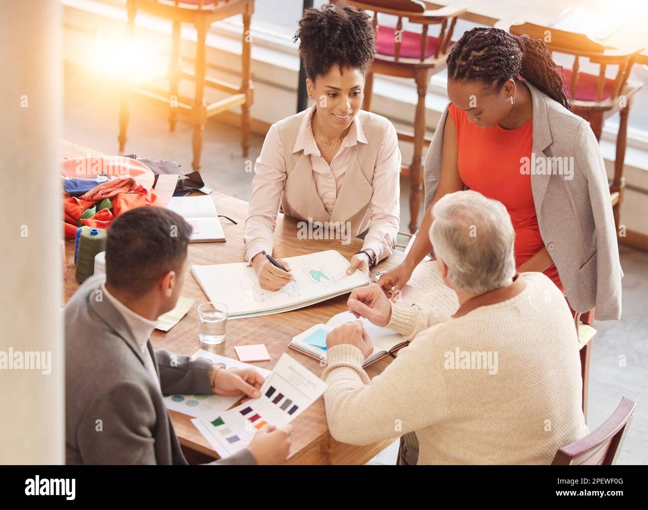 People, sketch or fashion meeting for planning clothing, fabrics or ...