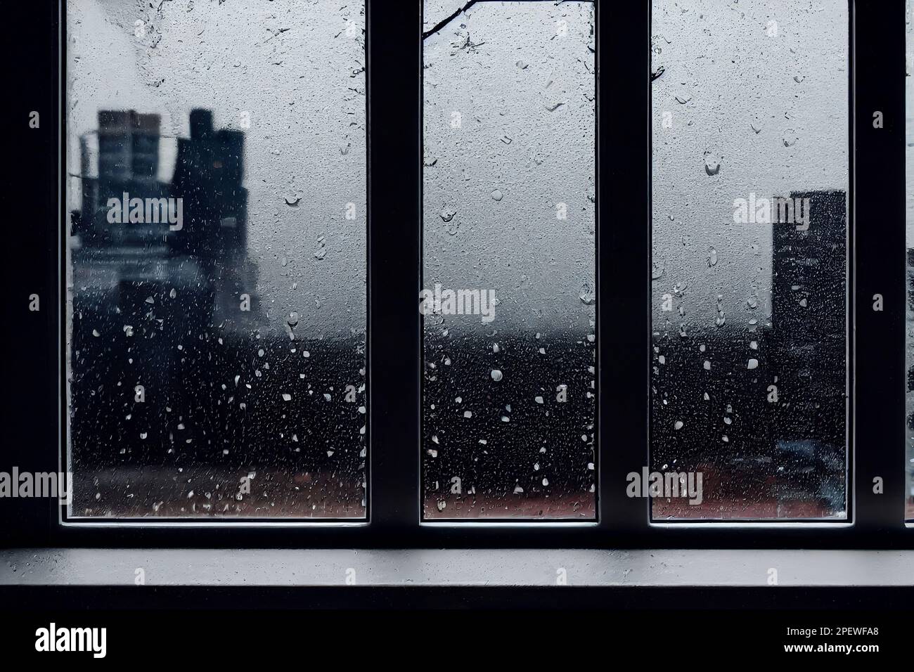 A window surface covered in hail and rain droplets on a gloomy day with ...