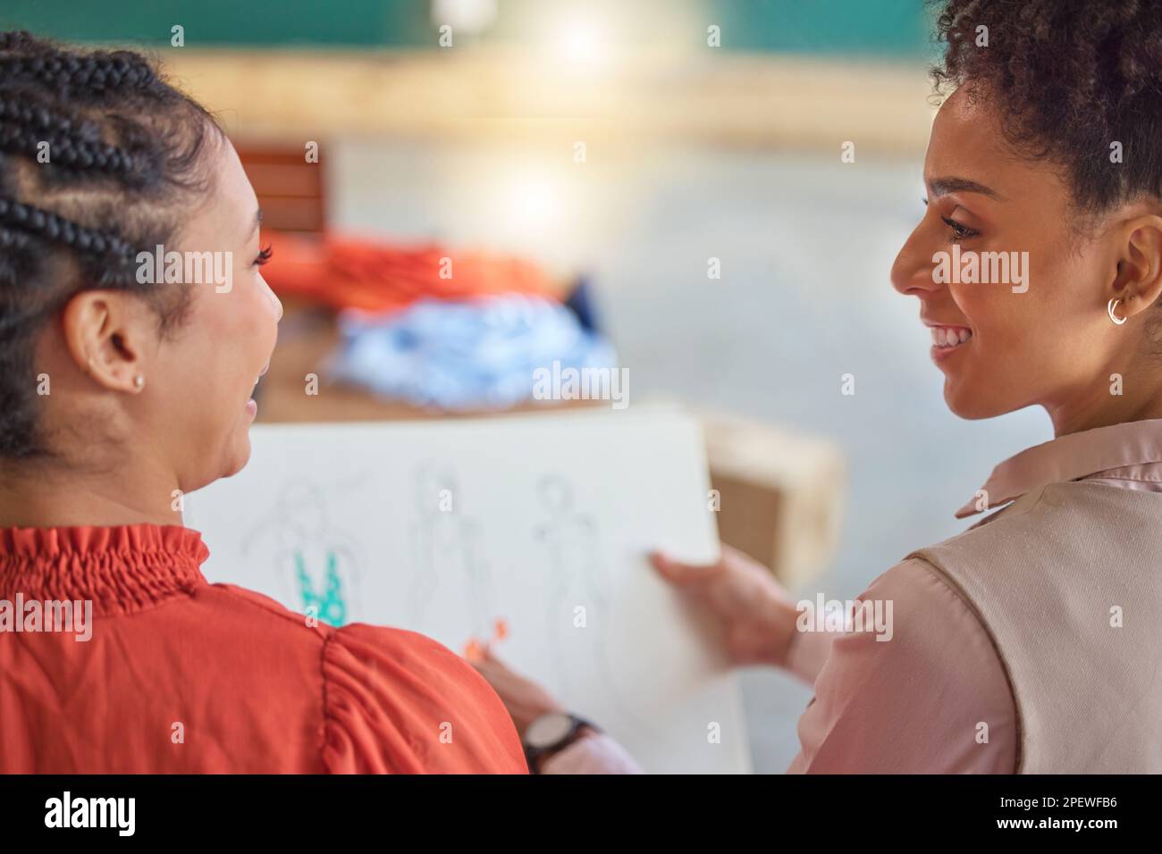 Happy people, sketch or fashion meeting for planning clothing, paper or ...