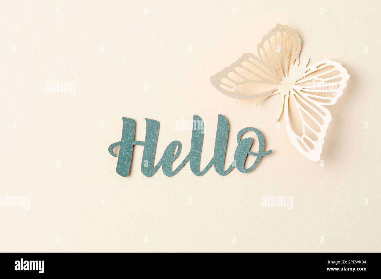 Hello text with butterfly paper carve on pastel background Stock Photo ...