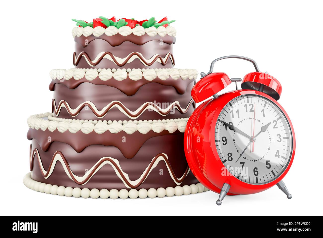 Chocolate Cake with alarm clock, 3D rendering isolated on white ...