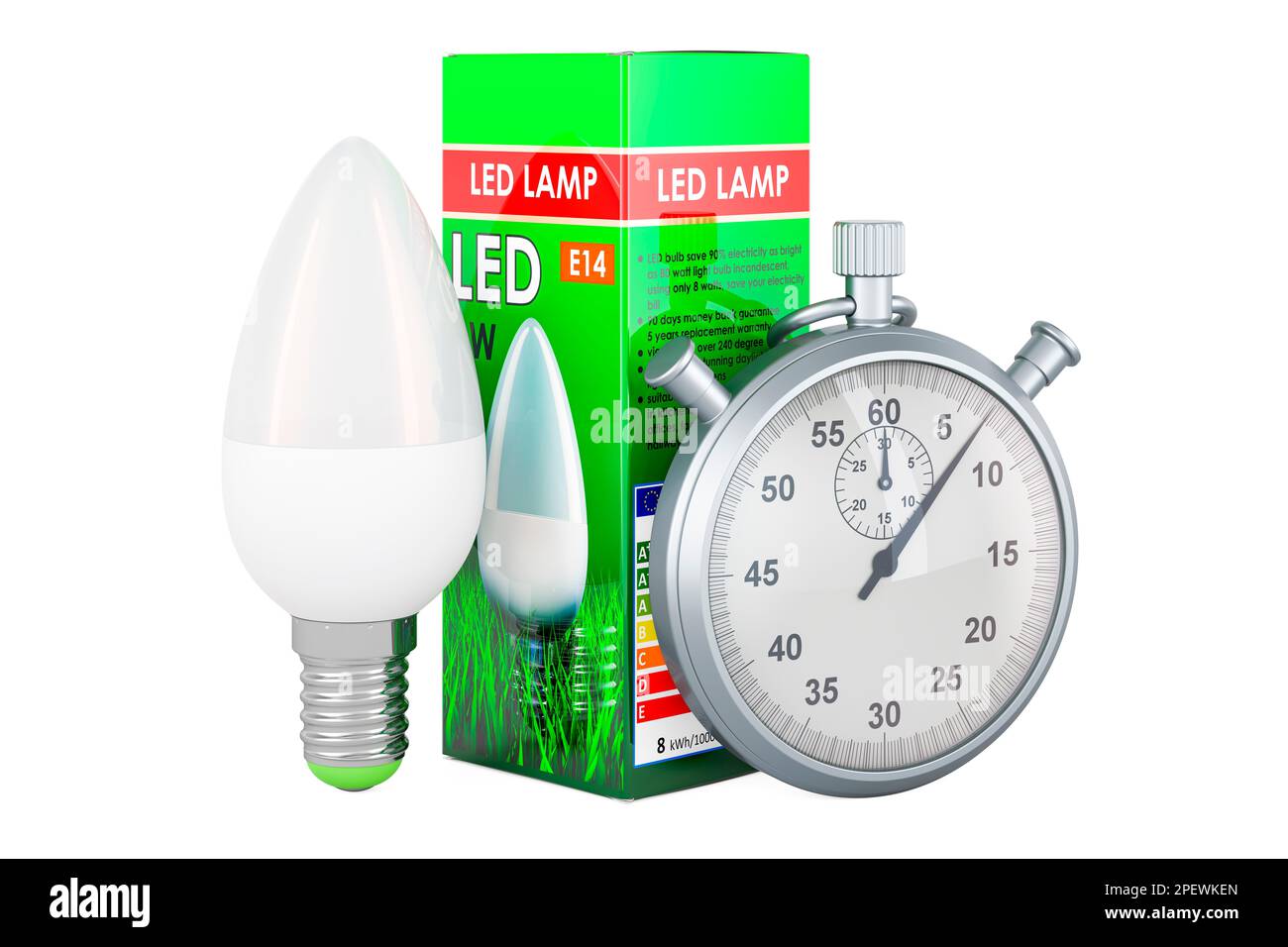 Energy savings LED lamp with stopwatch. 3D rendering isolated on white ...