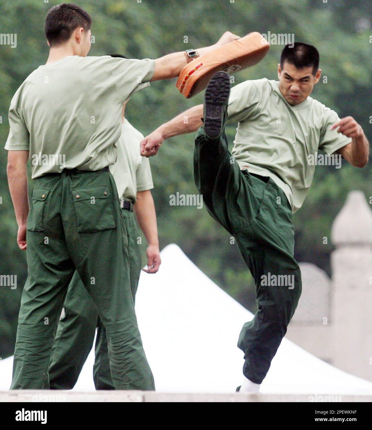 Chinese soldiers practice martial arts in a Beijing park Wednesday June ...