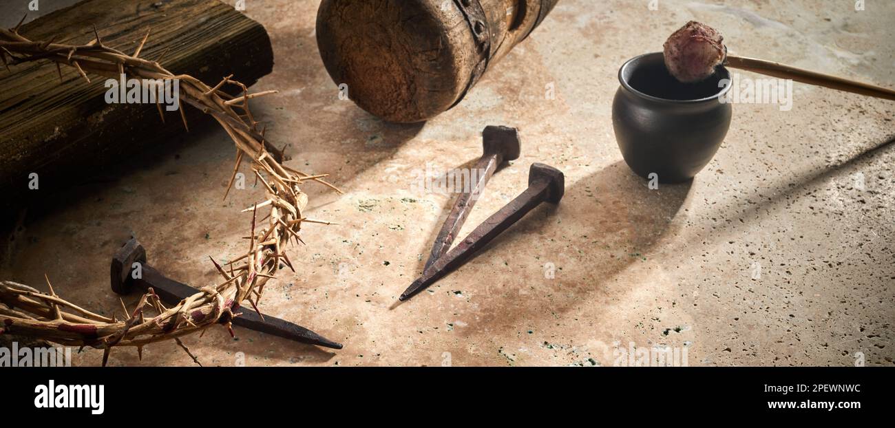 Crucifixion Of Jesus Christ. Cross With three Nails And Crown Of Thorns on ground Stock Photo ...