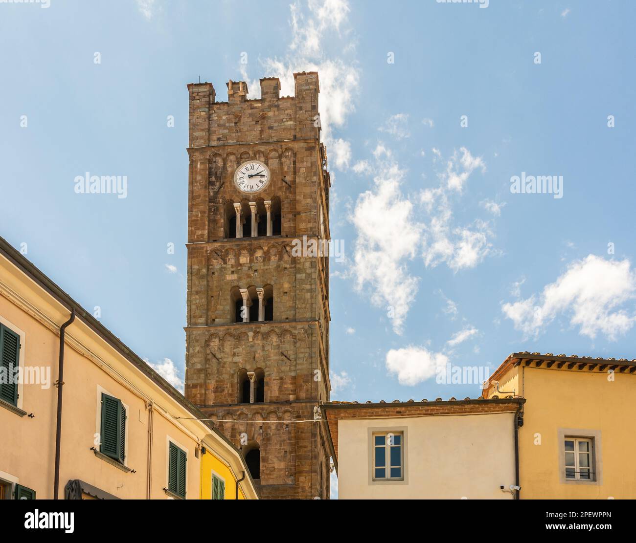 The ancient facade and bell tower of the Church of San Jacopo Maggiore ...