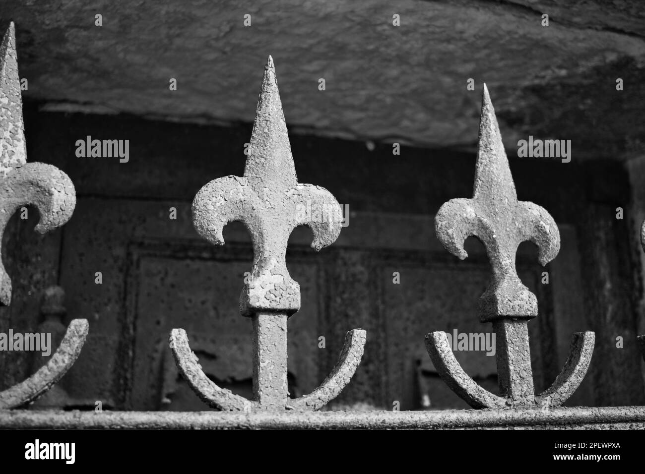 A vintage and fancy metal gate with rusted decorations and security ...