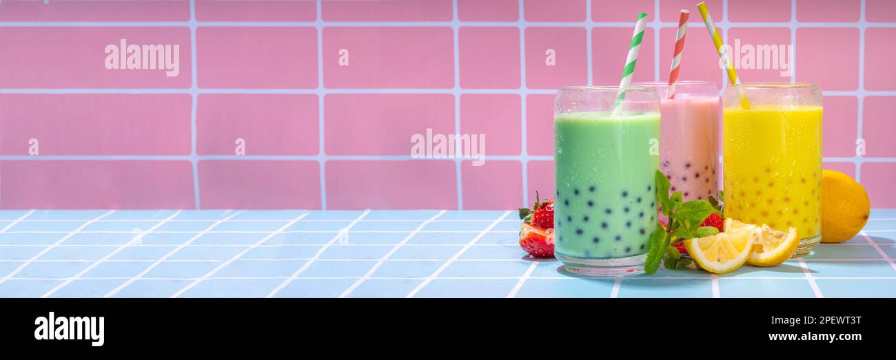 Set of three colorful summer bubble tea, bright creamy pearl tea or ...