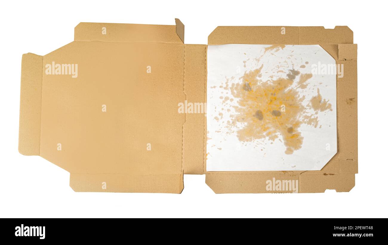 Empty pizza box isolated. Open delivery cardboard with crumbs, used ...
