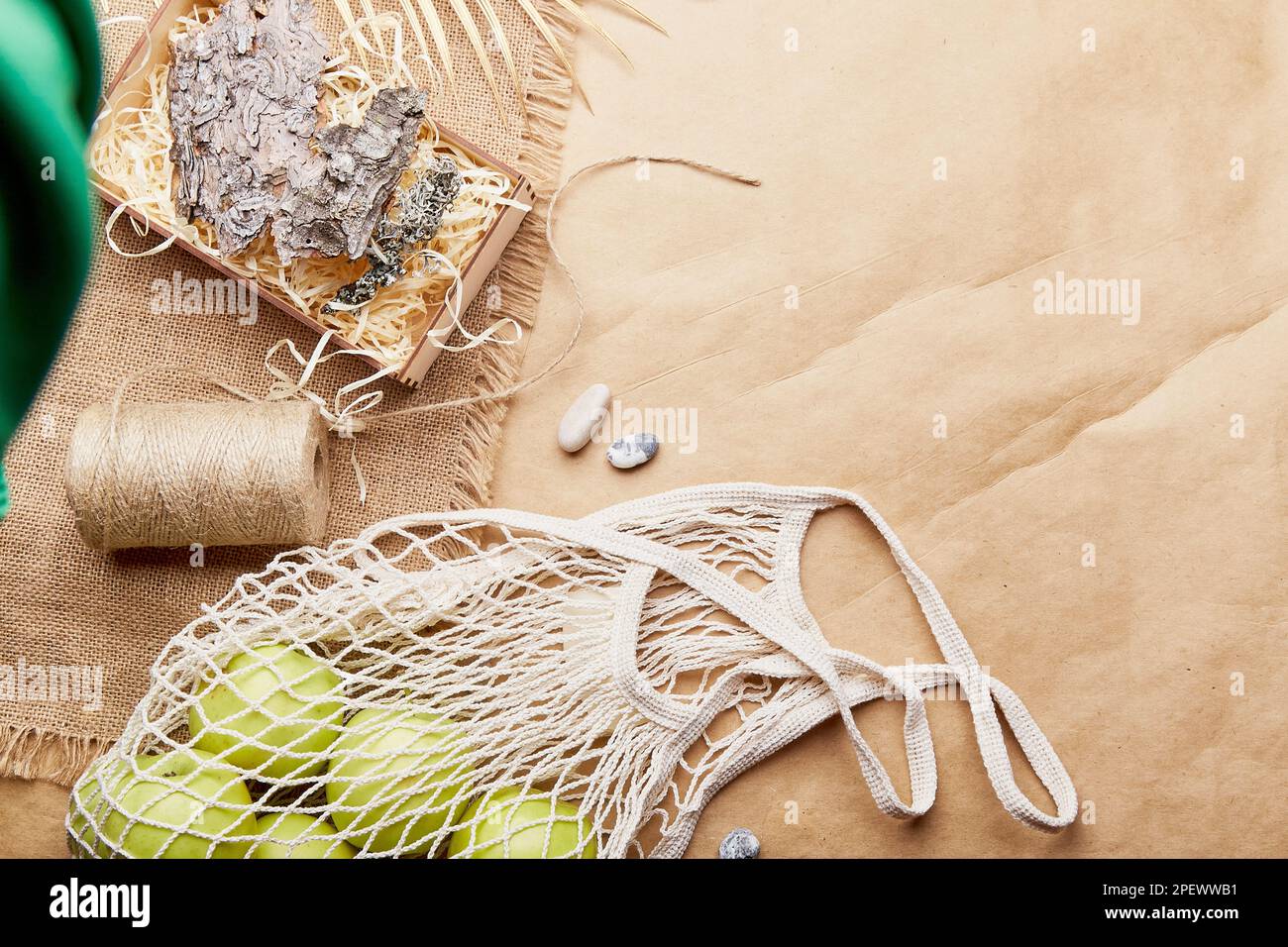 Aesthetic eco-friendly, sustainable background with reusable bag ...