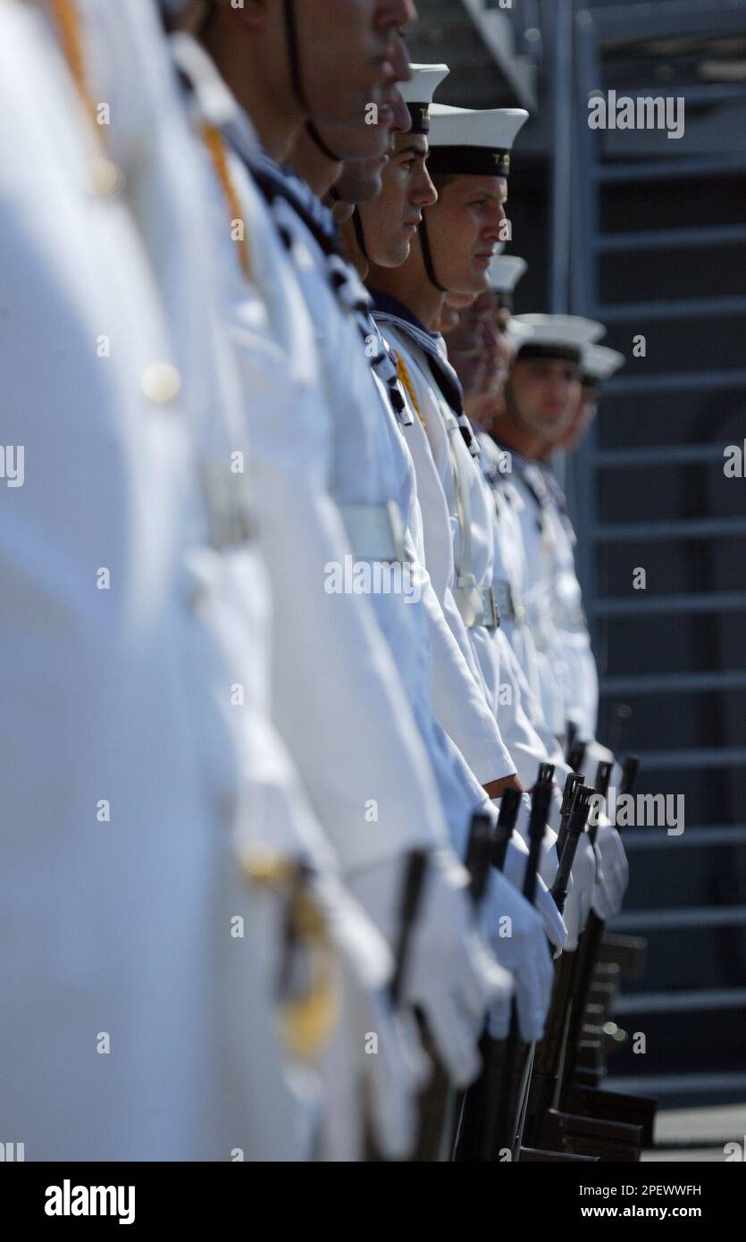 Turkish Navy sailors are seen on board the Turkish Navy frigate TCG ...