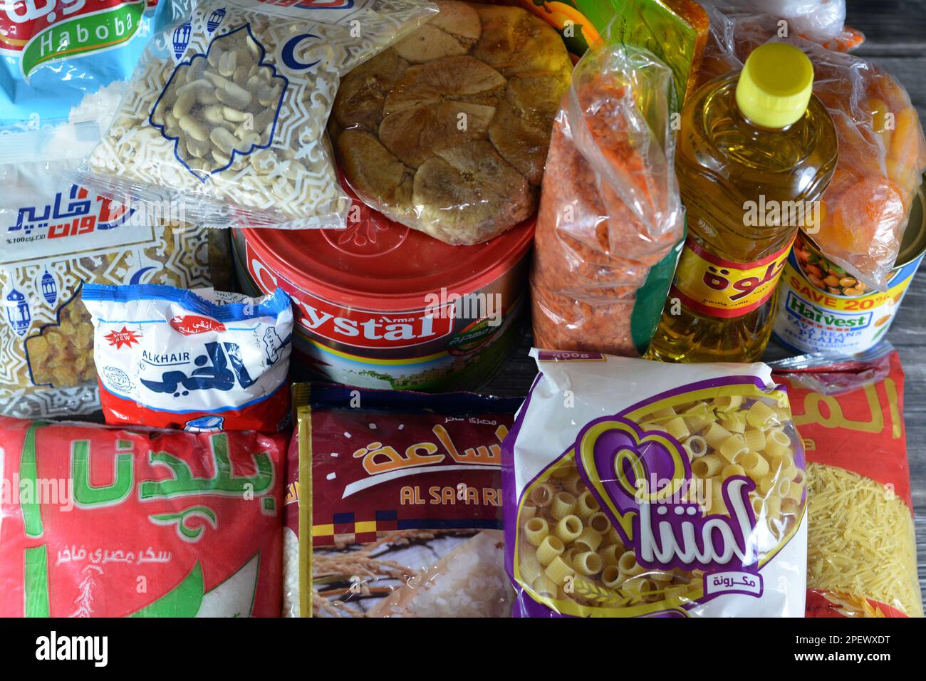 Cairo, Egypt, March 12 2023: Essential and basic food supplies oil ...