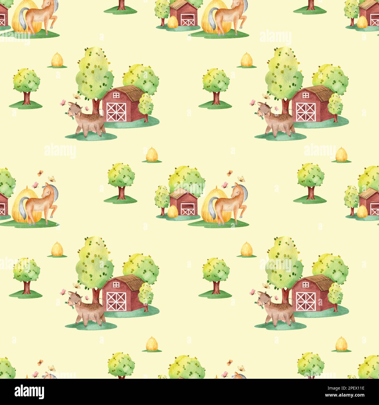 watercolor seamless pattern farming. farmland childish seamless pattern ...