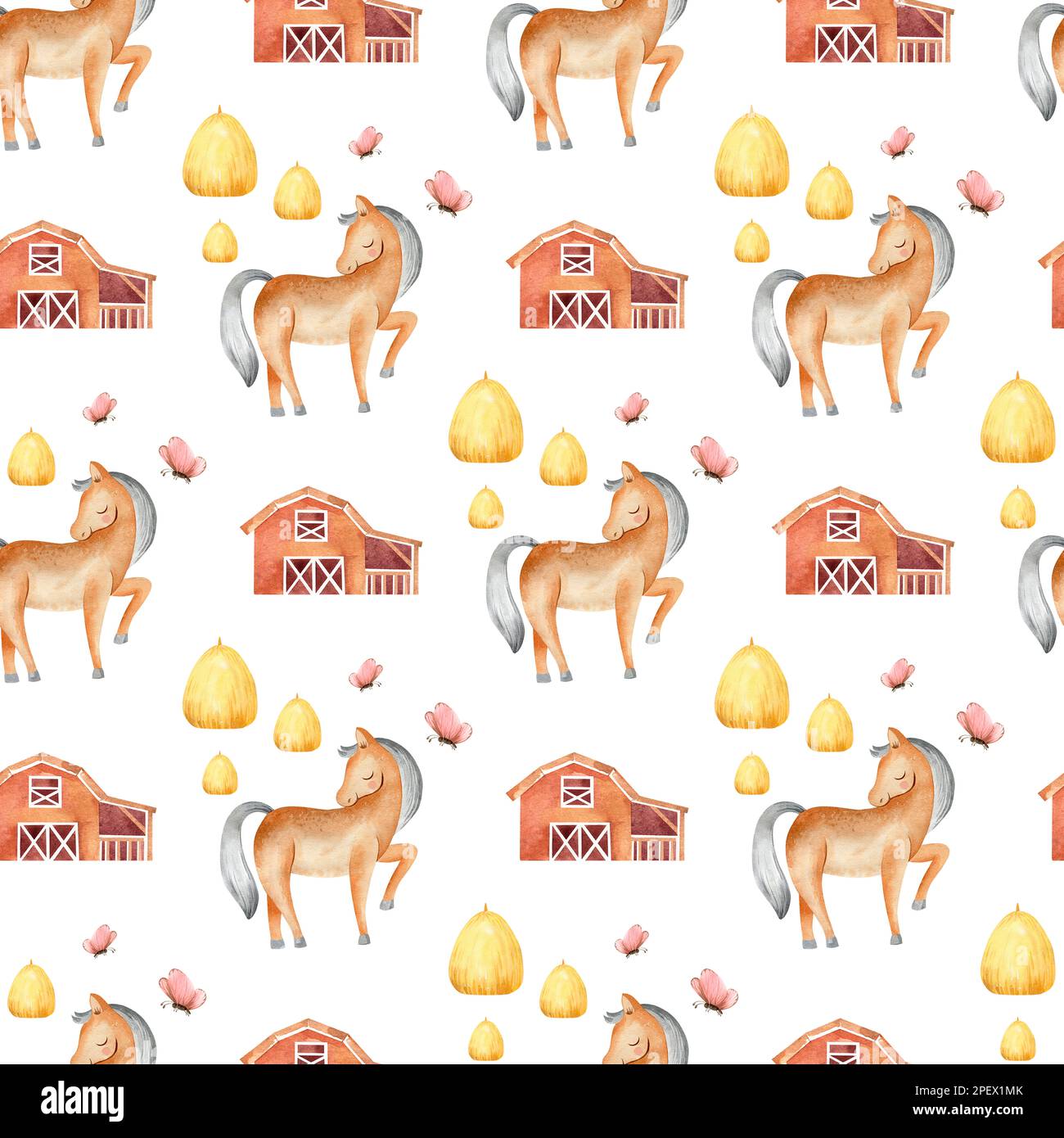 Watercolor seamless pattern farming with domestic animals. Horse, sheep ...
