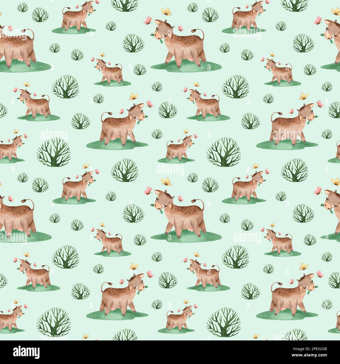 Watercolor seamless pattern farming with domestic animals. Horse, sheep ...