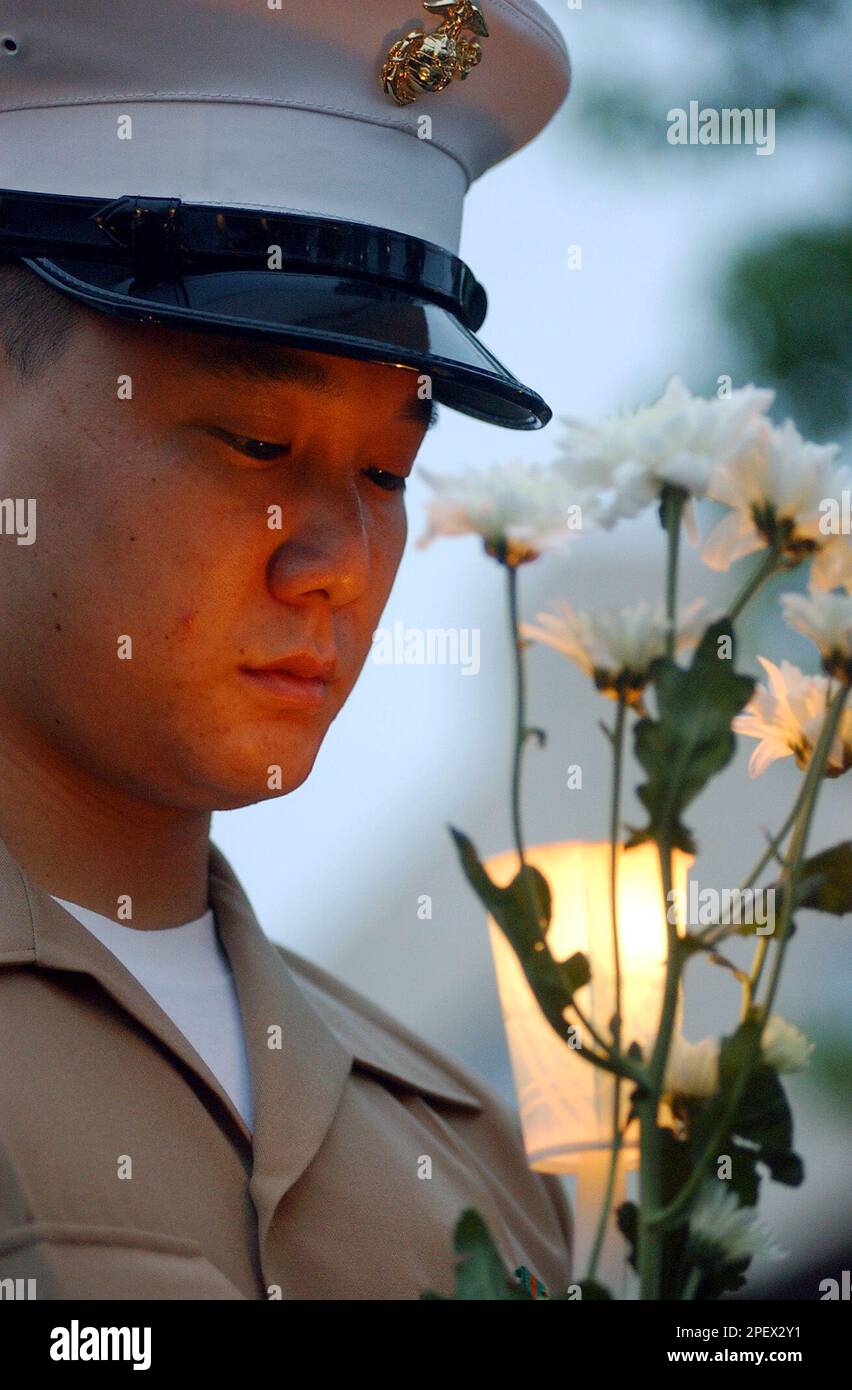 Marine Sgt. John Hong, of North Hollywood, Calif., reflects during a ...