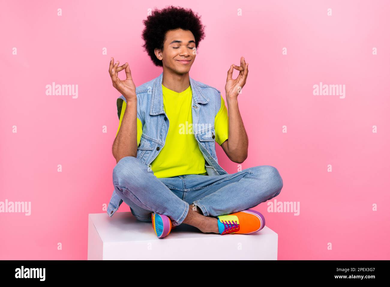 Full length photo of calm positive man wear bright trendy clothes ...