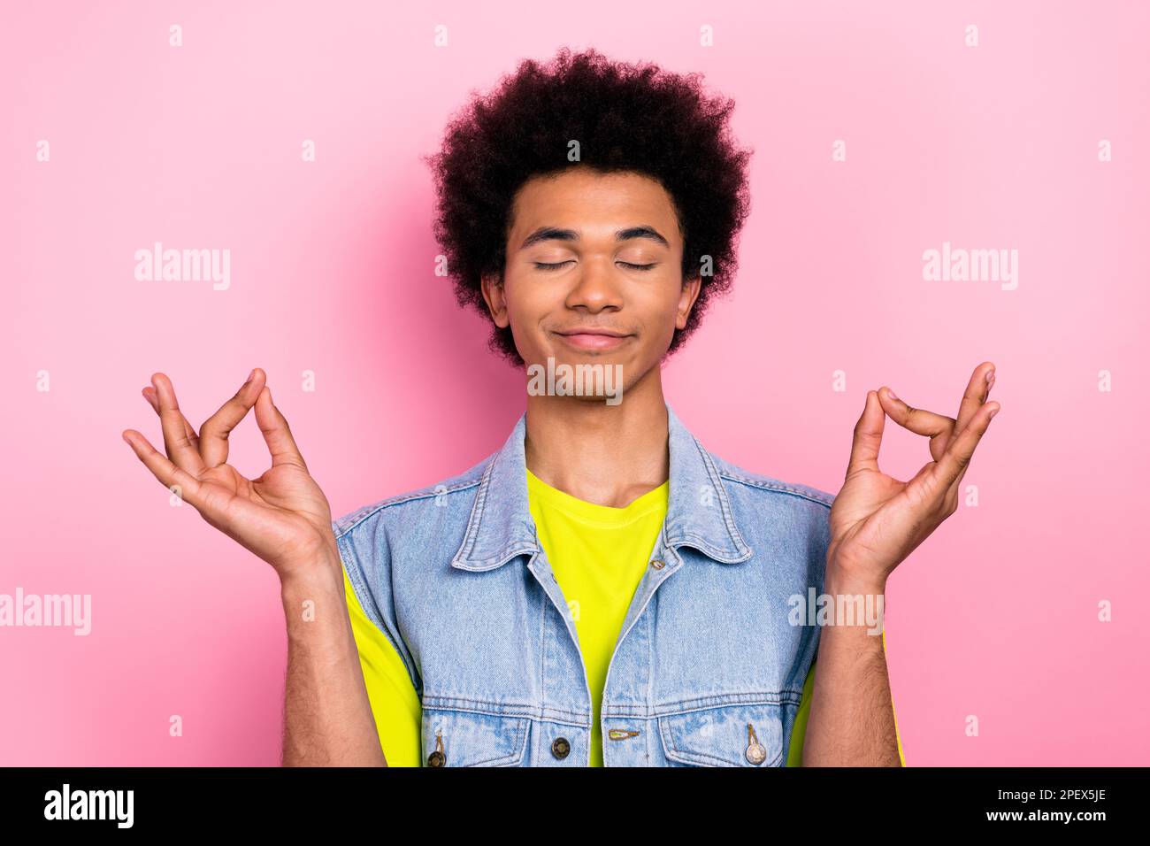 Photo of calm peaceful person closed eyes arms fingers meditate ...