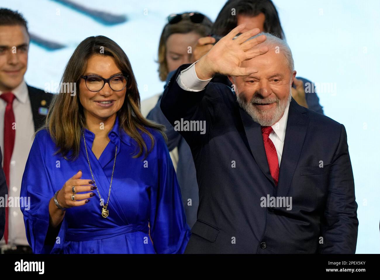 Brazil's President Luiz Inacio Lula da Silva waves as he and his wife ...