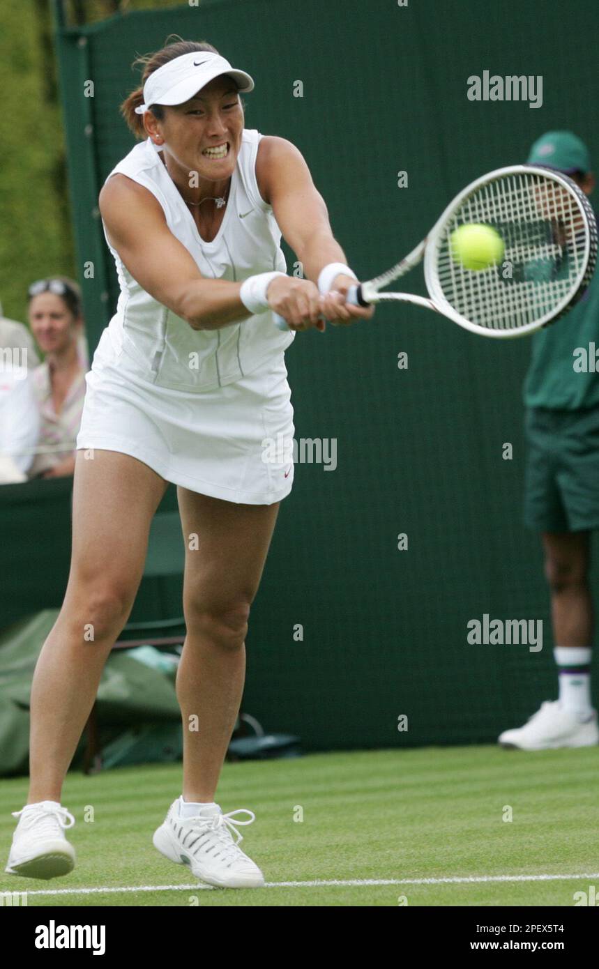 Japan's Ai Sugiyama plays a return to Britain's Amanda Janes, during ...