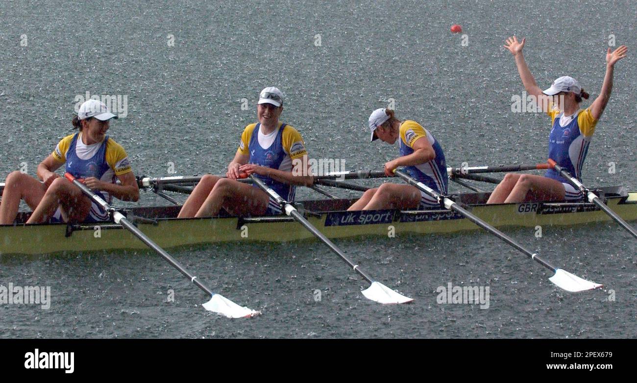 Heavy rain falls on Rebecca Romero, Frances Houghton, Debbie Flood and ...