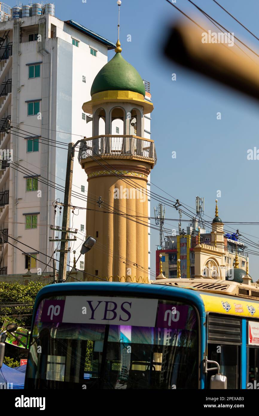 Yangon, Myanmar - Dec 19, 2019: Minaret of an Islamic mosque on ...