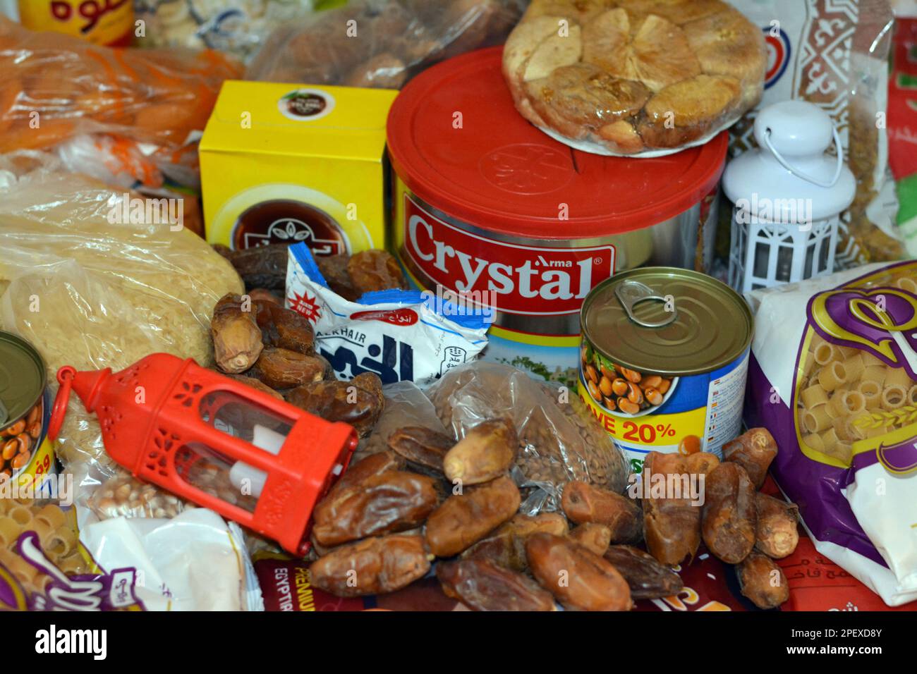 Cairo, Egypt, March 12 2023: Essential and basic food supplies oil ...