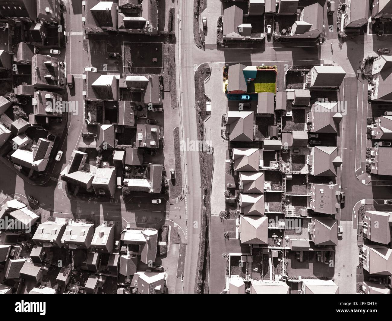 Aerial view of a suburban residential area featuring several semi ...