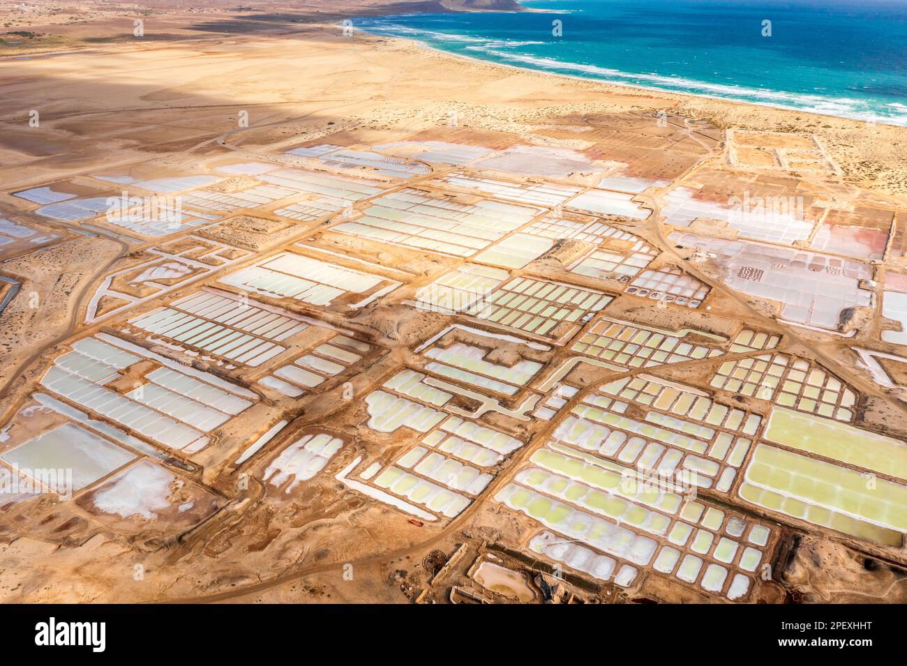 Aerial view of Salinas - salt ponds located on the south of Sal Island ...