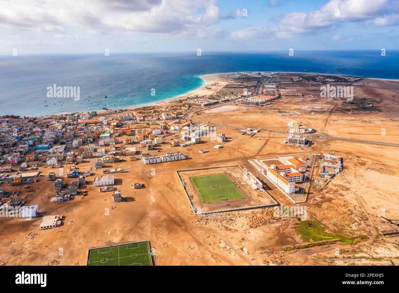 Wide aerial view on Santa Maria with the resorts on the right, African ...