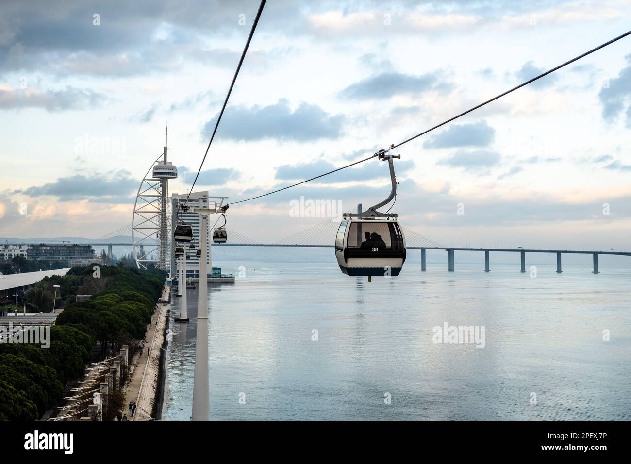Cable car called Telecabine along Tagus River in Lisbon, the capital ...