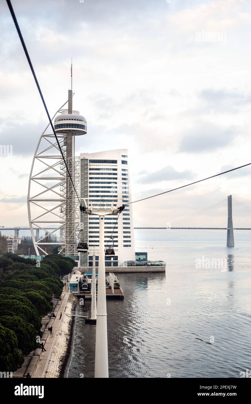 Cable car called Telecabine along Tagus River in Lisbon, the capital ...